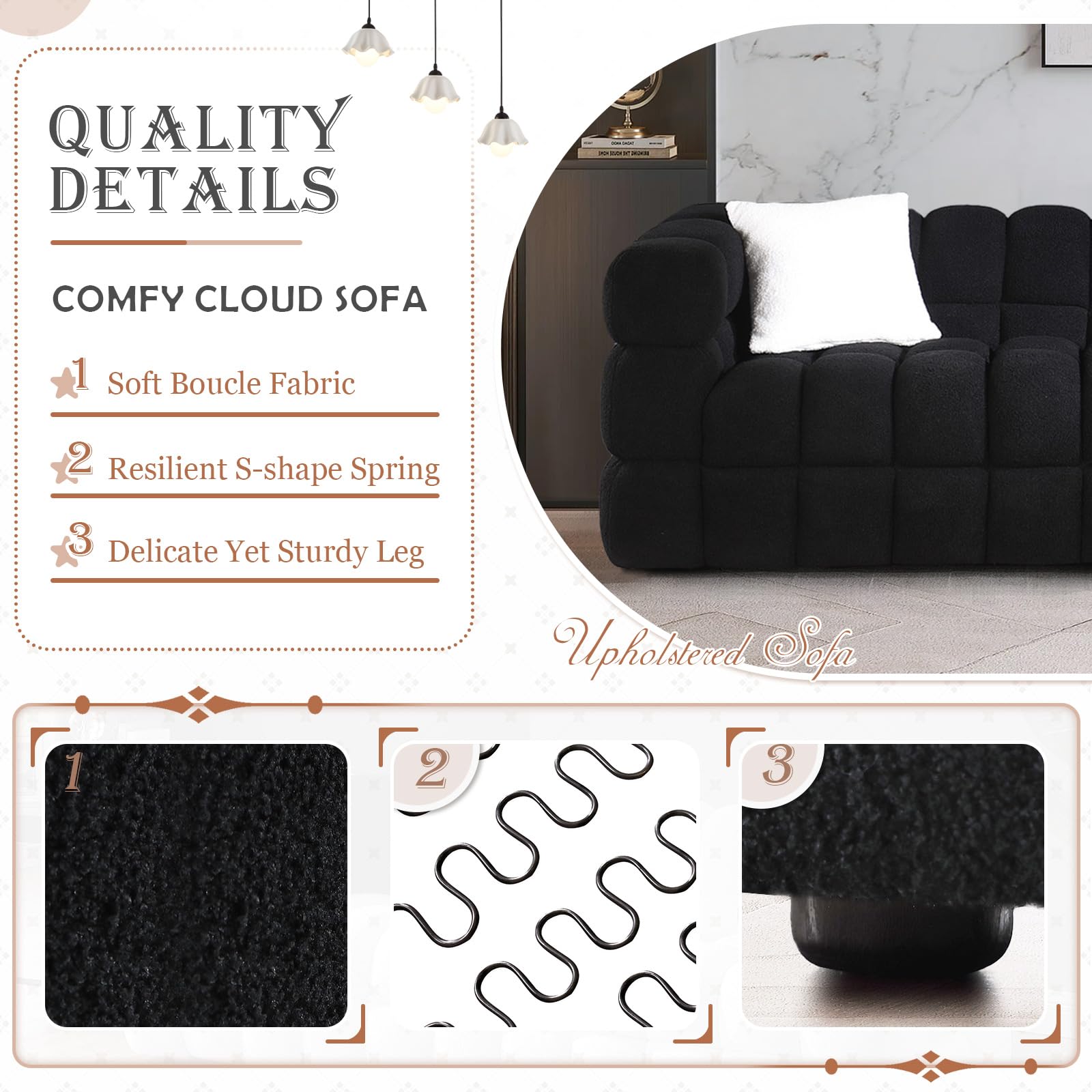 84.3" 3 Seater Modern Sofa Couch, Comfy Upholstered Living Room Sofa with 2 Pillows, Comfy Boucle Sofa with Solid Metal Legs, Contemporary Furniture Tufted Cloud Couch for Waiting Room, Office, Black