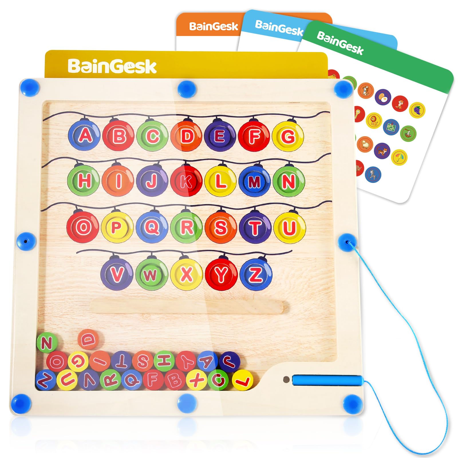 BainGesk Alphabet Maze Board with 4 Activity Cards, Wooden Color Sorting Letters Puzzles, ABC Alphabet Learning Toys for Toddlers, Fine Motor Skills Toy for 3 4 5 Year Old Kids Montessori Toy