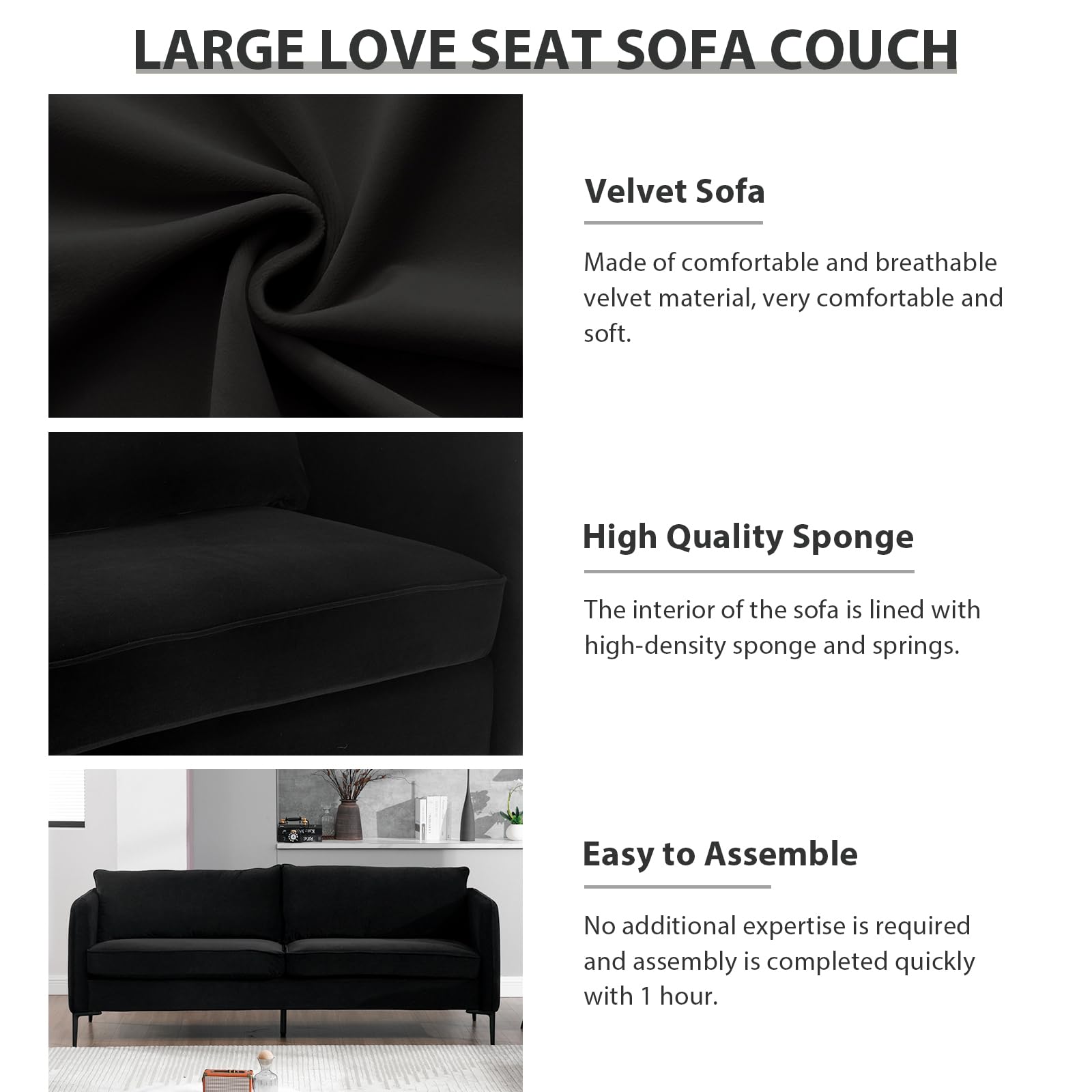 85 Inch Velvet Sofa, Mid Century Modern Comfy Upholstered Sofa Couch with Metal Legs 3 Seater Sofa High-Density Foam and 6.3 Inch Extra Thick Cushion Couch for Living Room Apartment(Black)