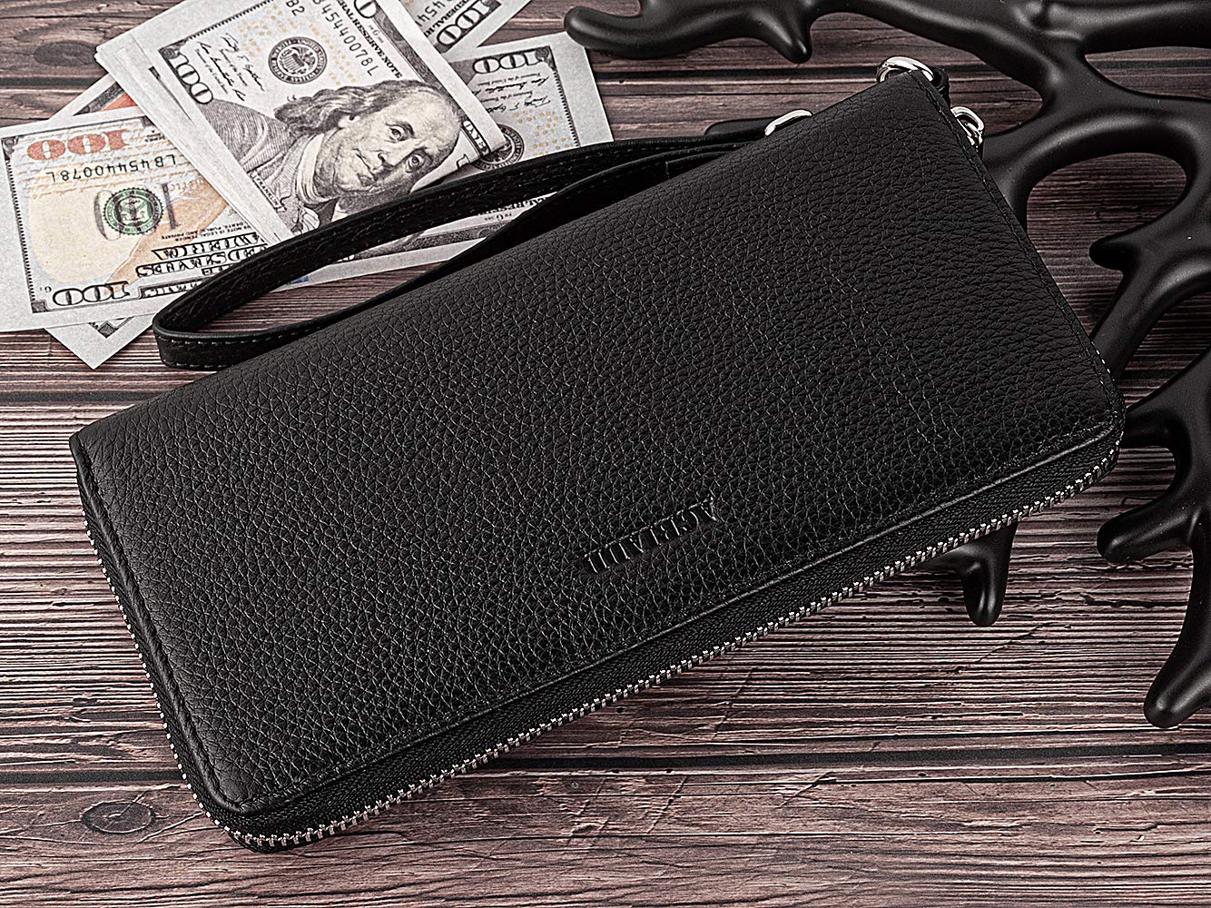 AGBIADD Plus Size RFID Blocking Women's Wallet Genuine Leather Zip Around Clutch Large Travel Purse (Black)