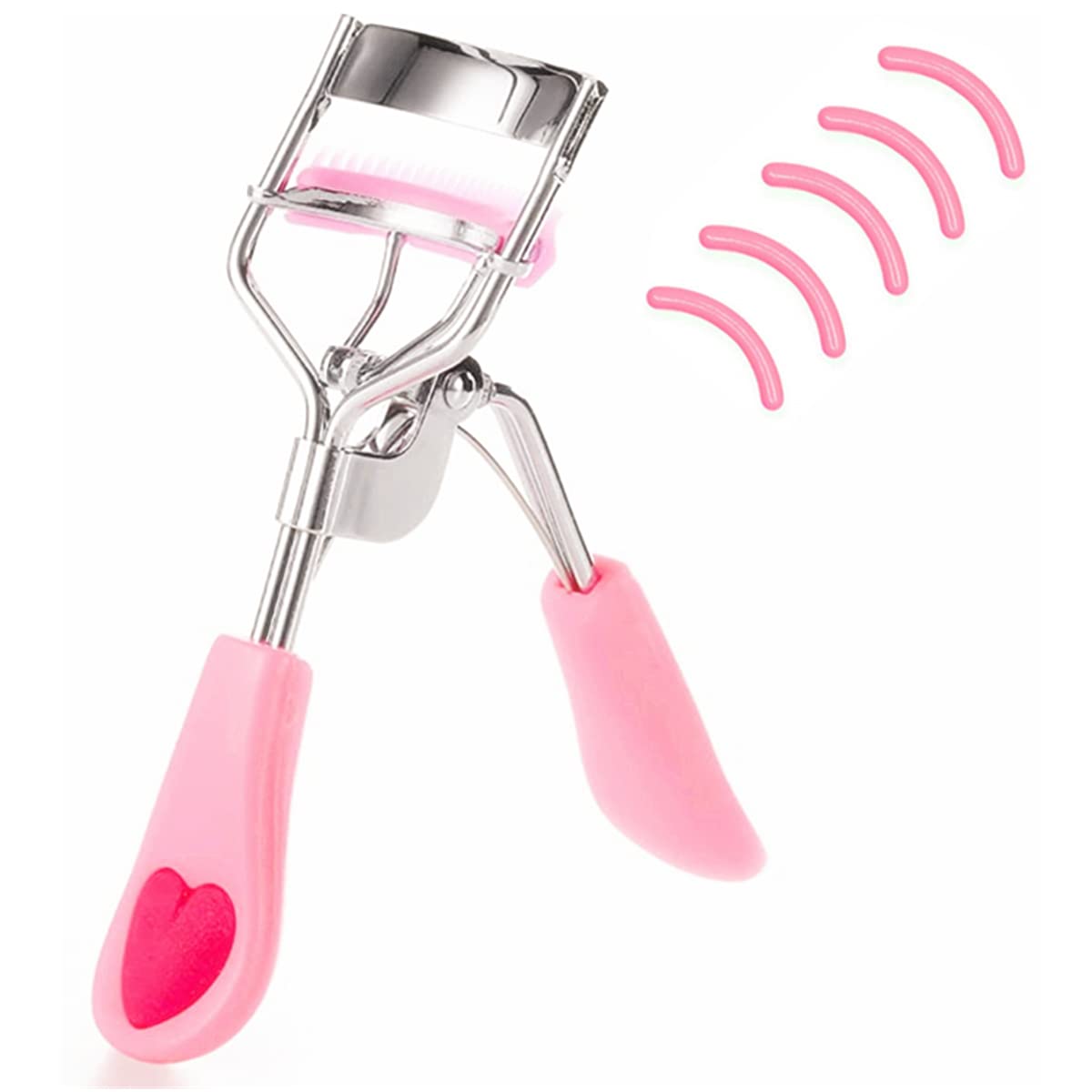 MERVK Stainless Steel Eyelash Curler with Built-in Comb Pinch Pain-Free Suitable for Any Eye Shapes and Sizes, with 5 Silicone Refill Pads (Light Pink)