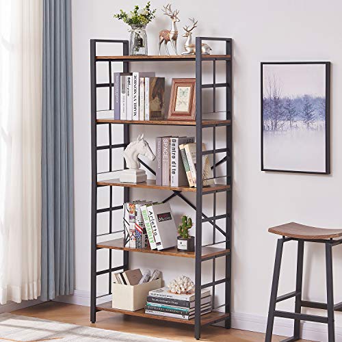 OIAHOMY Industrial Bookshelf,5-Tier Vintage Bookcase and Bookshelves,Rustic Wood and Metal Shelving Unit,Display Rack and Storage Organizer for Living Room, Rustic Brown