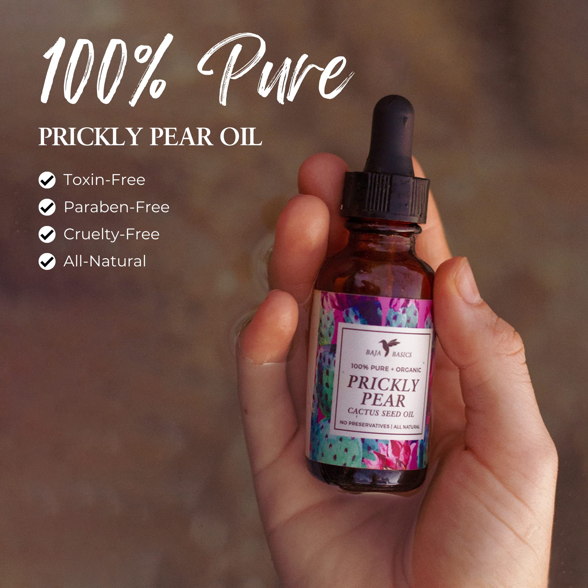 Baja Basics Prickly Pear Oil Cold Pressed, 100% Pure, Unrefined Moisturizer for Skin, Face, Body, Nails and Hair - Multi-Purpose Beauty Product For Men and Women - 1 oz Bottle