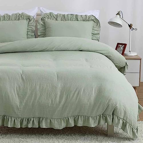 Faincy Queen Size Comforter Set, Sage Green Ruffled Reversible Down Alternative Bed Sets - 90 x 90 3PC Soft Microfiber Duvet Farmhouse Vintage Shabby Chic Rustic Bedding in a Bag for Women Men