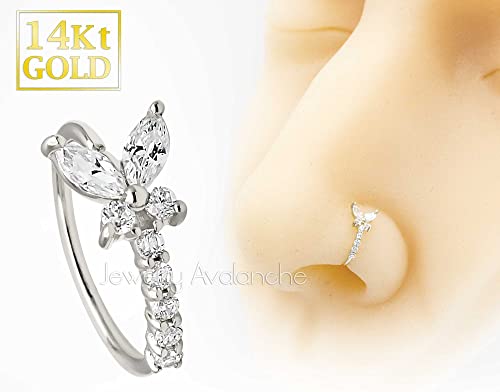14kt White Gold Butterfly Nose Ring, 8mm Nose Hoop Ring, Marquise & Round CZ Accented, Cartilage Helix Ring, Tragus Ring - 14KNHBTF1WG