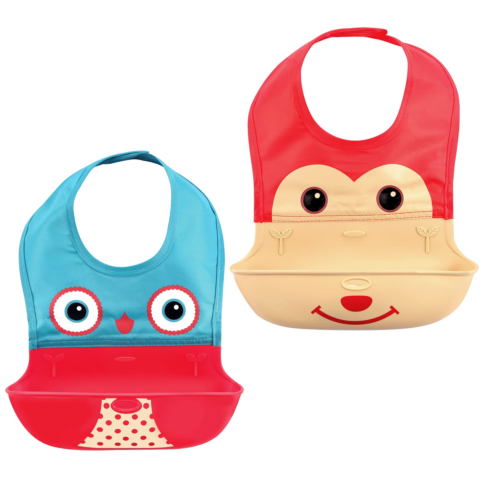 HAHA Baby Silicone Bibs for Girls Boys Eating Feeding Toddler Waterproof Roll-Up Bib with Food Catcher Unisex Infant Bibs for Babies, 2 Pack (Red&Beige/Blue&Red)