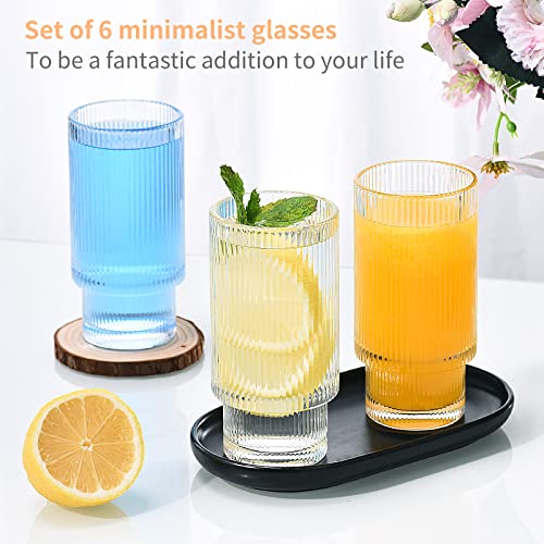 BJMEDYM Ribbed Glassware, Vintage Glassware 6pc Set, 12 oz Origami Style Glass Cup, Ripple Drinking Glasses, Fluted Glassware, Ribbed Drinking Glasses