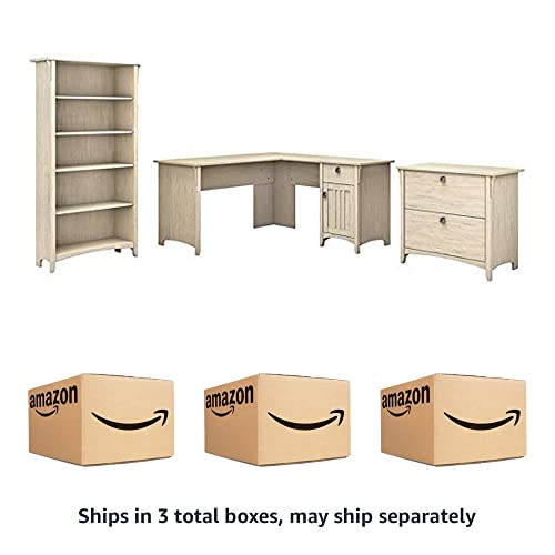 Bush Furniture Salinas L Shaped Desk with Lateral File Cabinet and 5 Shelf Bookcase, 60W, Antique White