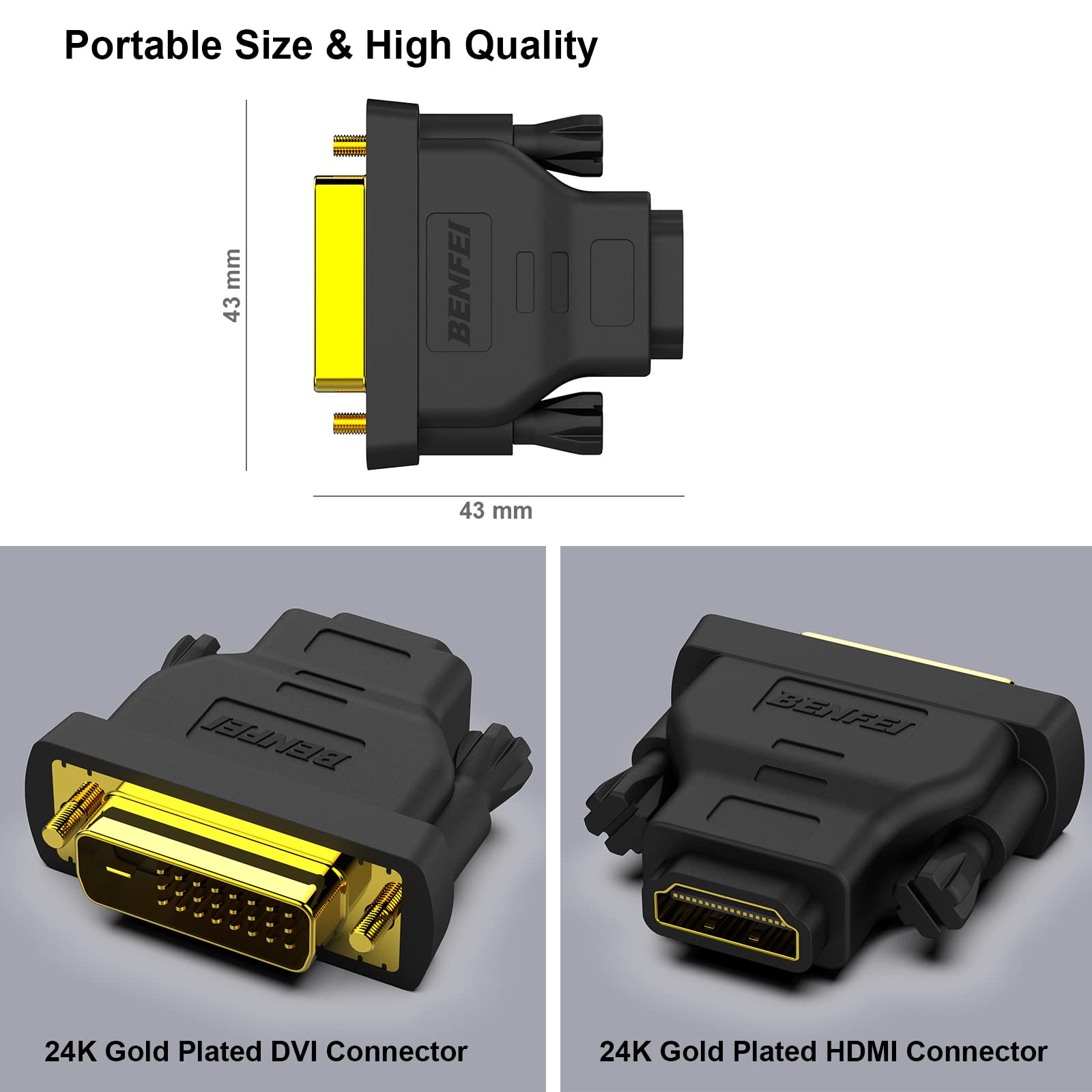 BENFEI DVI to HDMI, Bidirectional DVI (DVI-D) to HDMI Male to Female Adapter with Gold-Plated Cord 2 Pack