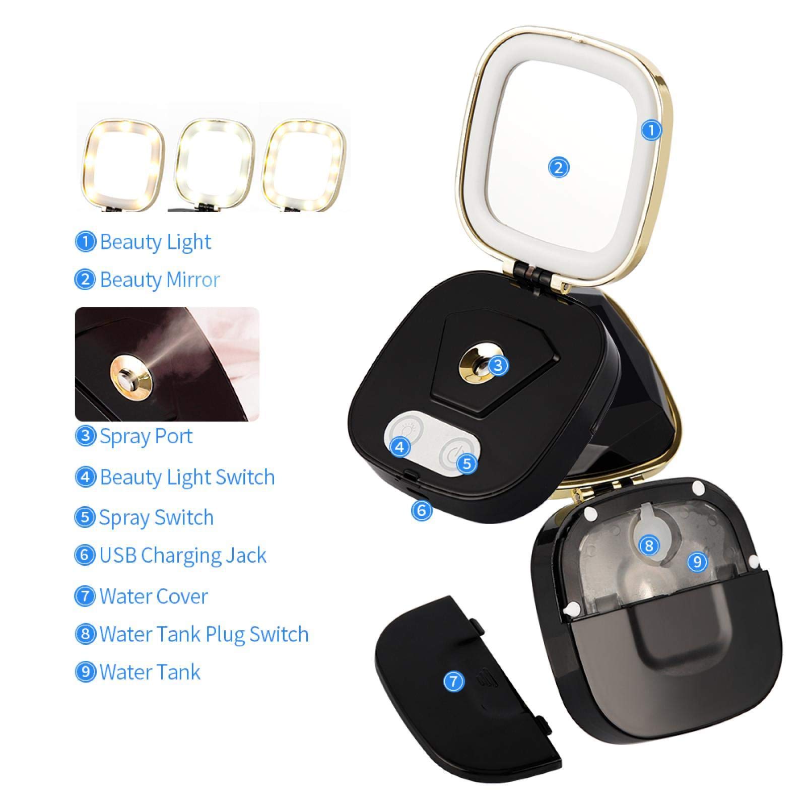 Illuminated Makeup Mirror 3 Mode Led Makeup Mirror Nano Moisturizing Facial Humidification Spray