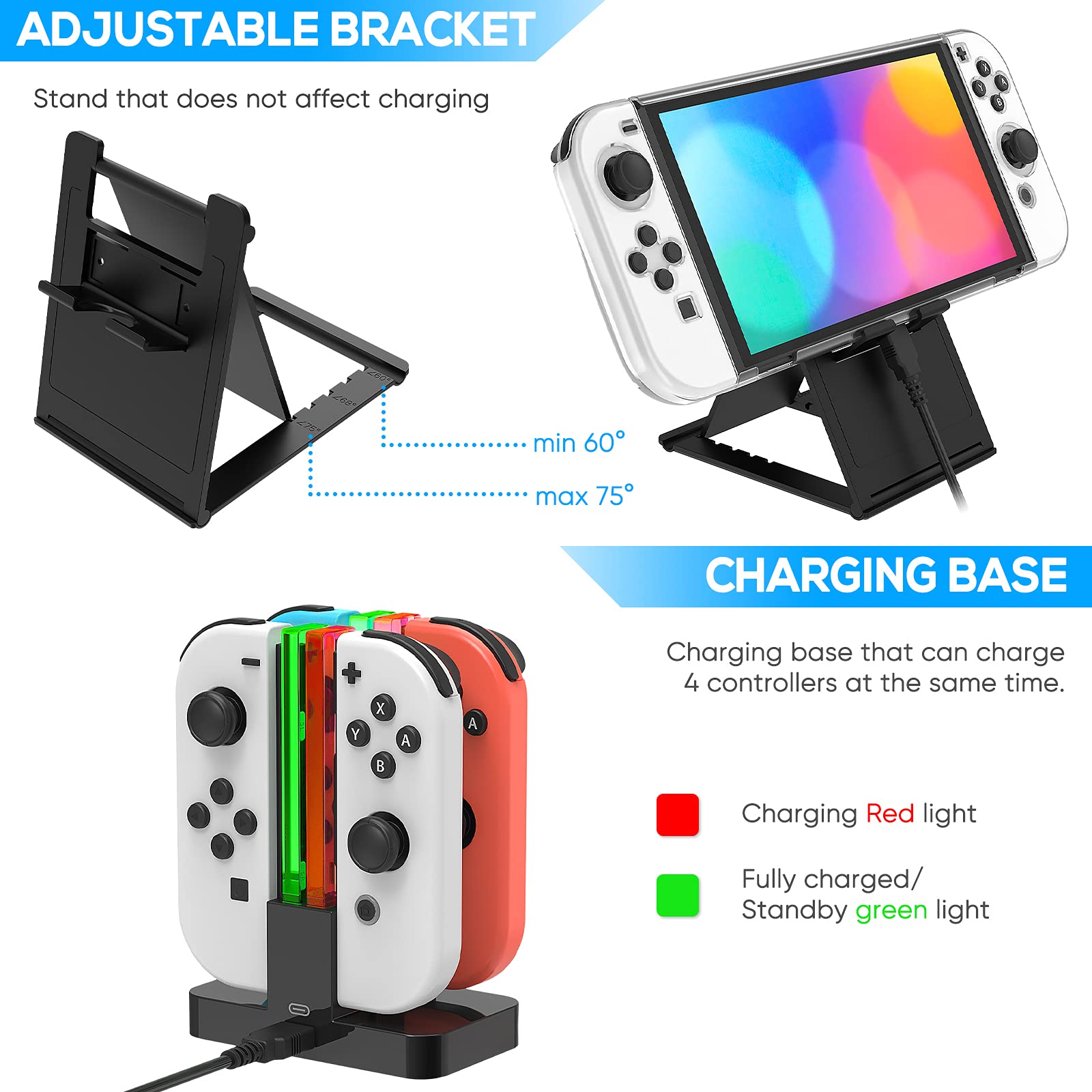 Accessories Bundle for Nintendo Switch OLED Model, MENEEA Carrying Case & Screen Protector, Clear Cover Protector, Grips & Charger Dock for Joycons, Steering Wheels, Console Stand & Game Card Case