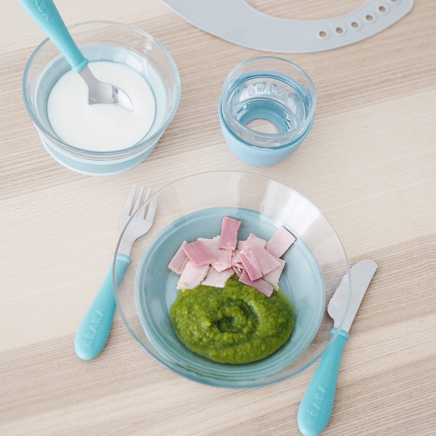 BEABA 3-Piece Duralex Glass Meal Set with Silicone Suction, Toddler Plate and Baby Bowls with Suction, Non Slip Kids Dinnerware Set, 2.5x Stronger than Regular Glass, (Rain)