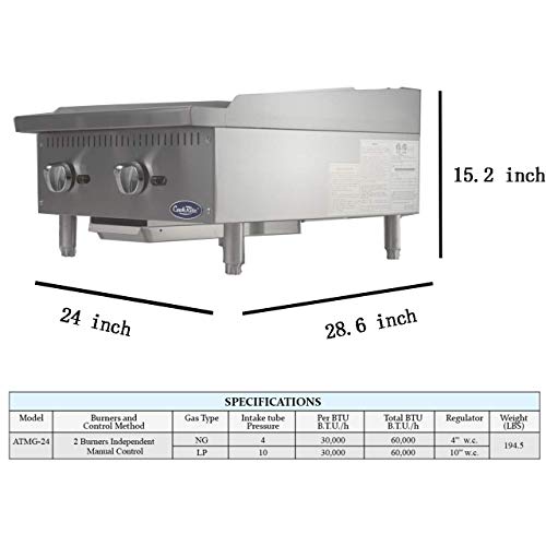 ATOSA US ATMG-24 Commercial Griddle Heavy Duty Manual Flat Top Restaurant Griddle Stainless Steel Portable Grill Liquid Propane 24" Countertop - 60,000 BTU
