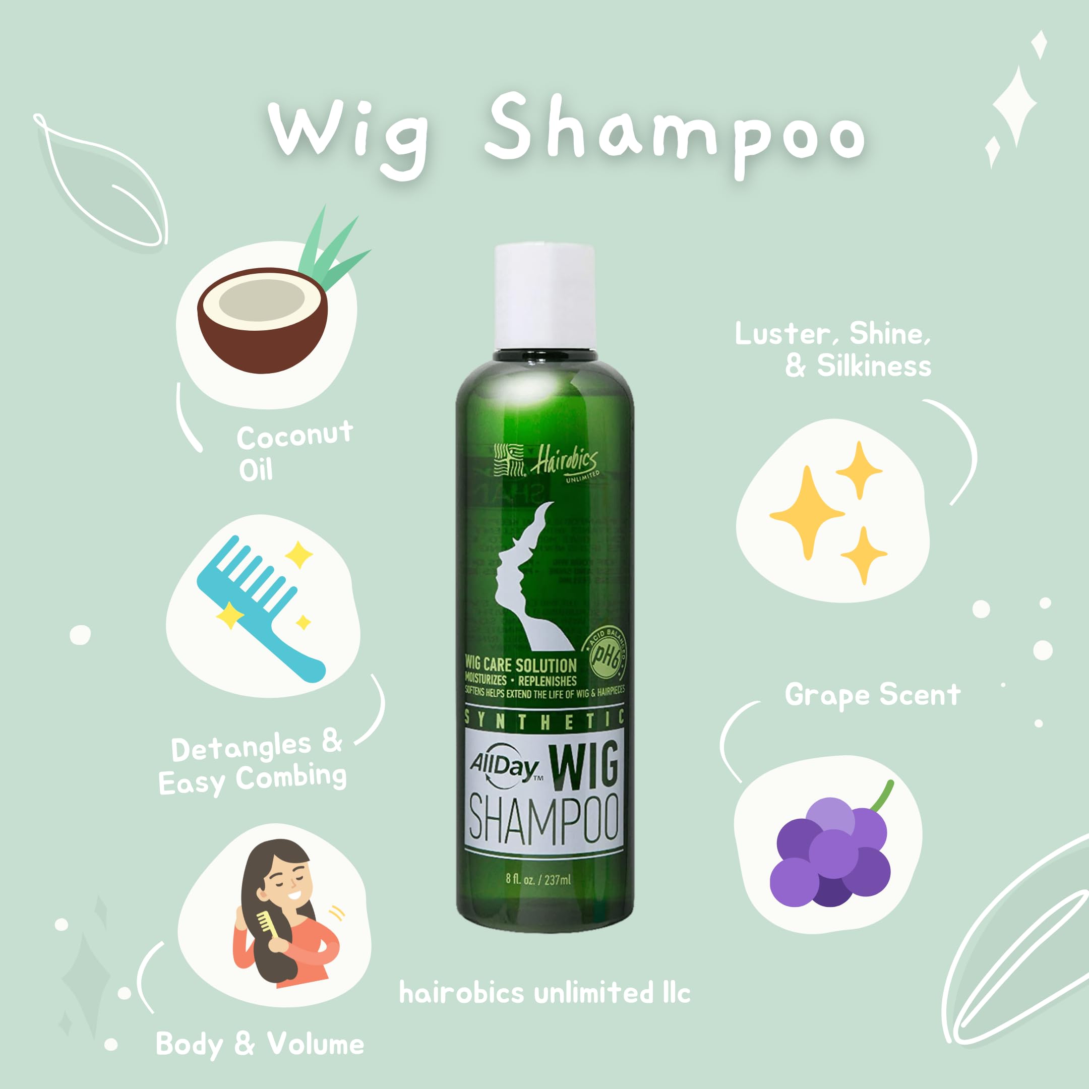 AllDay Locks Synthetic Wig Shampoo | Revitalizes and Refreshes | Cleanses & Extends Lifespan of Wigs & Hairpieces | Soft & Fresh Feeling, Grape Scent | 8 oz