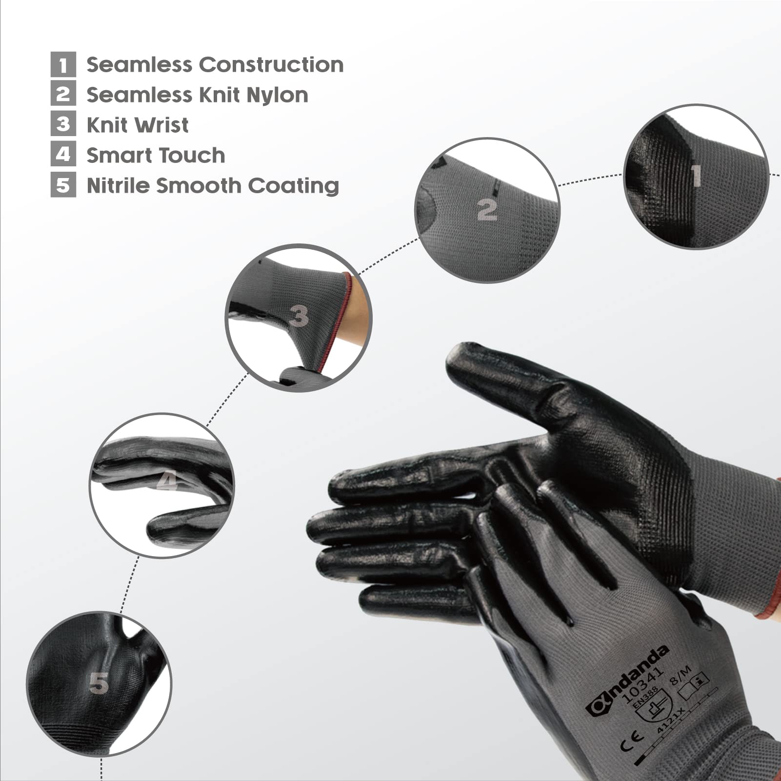ANDANDA 12 Pairs Work Gloves, Smart Touch, 3D Comfort Stretch Fit, Nitrile Coated Work Gloves with Grip, Seamless Knit Nylon Work Gloves Men Suitable for Warehousing, Logistics, Handling, Black(XL)