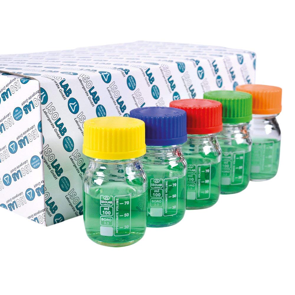 ISOLAB USA β Round Media Storage Bottle, 100ml, with COLOR CODED Screw GL 45 Cap, Borosilicate 3.3 Glass, Pack of 10