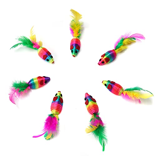 CHIWAVA 24PCS 5" Rattle Cat Toys Mice with Feather Rainbow Rope Mouse Kitten Interactive Toy Assorted Color