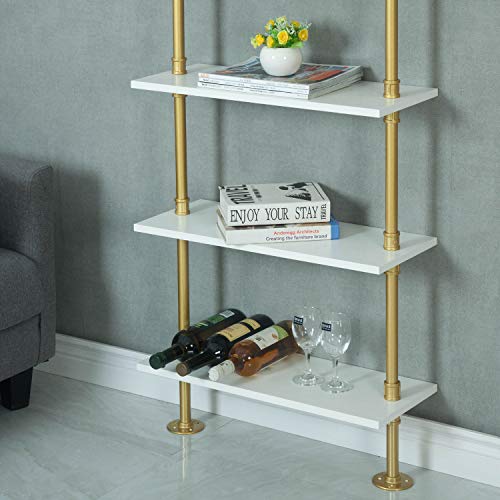 WGX Design For You Industrial 6-Tiers Modern Ladder Shelf Bookcase,Wood Storage Shelf,Display Shelving, Wall Mounted Wood Shelves(Gold)