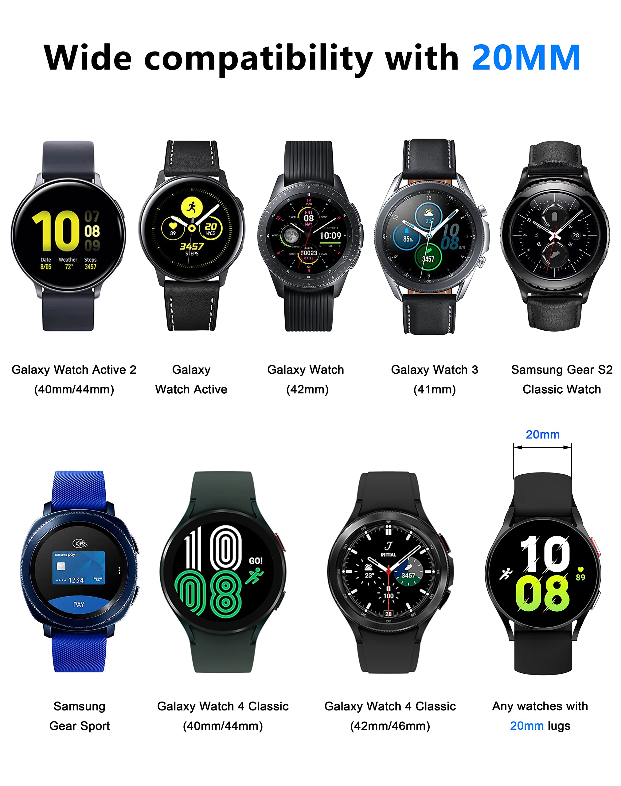 20mm Watch Bands Compatible with Samsung Galaxy Watch 6/Classic, 4/Classic Band 40mm 42mm 44mm 46mm, Watch Active 2 40mm 44mm/Watch 3 41mm, Soft Silicone Bands Elastic Replacement Galaxy Strap