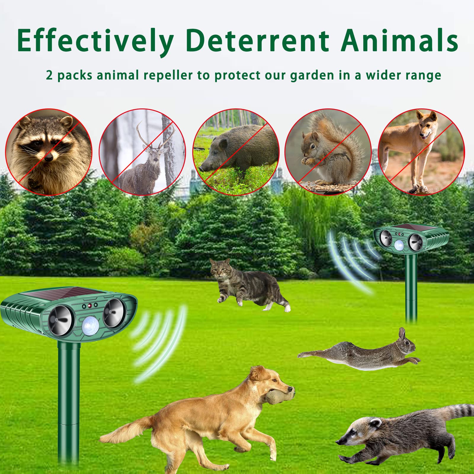 2 Pack Solar Ultrasonic Pest Animal Repeller, Deer Repellent Devices with Motion Sensor, Outdoor Waterproof Deterrent Repel Deer, Cat, Dog, Raccoon, Fox, Skunk, Rabbit, Squirrel for Garden, Yard
