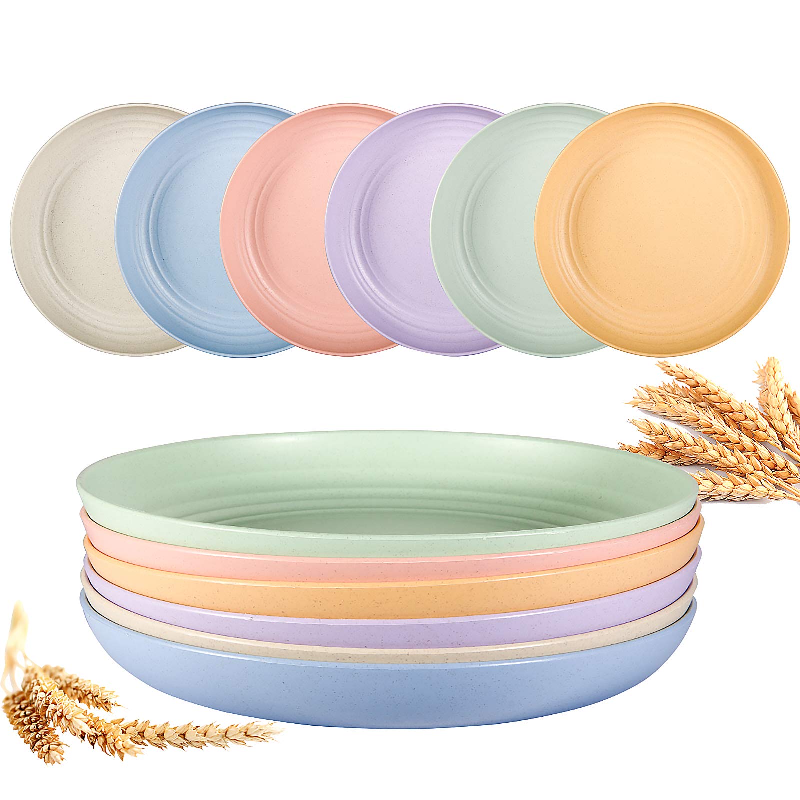 OAMCEG 6 Pack Reusable Plastic Plates 9 Inch Unbreakable Eco-Friendly Lightweight Wheat Straw Plates, Salad Plates, Camping Plates, Dishwasher & Microwave Safe, Green and Healthy Dishes