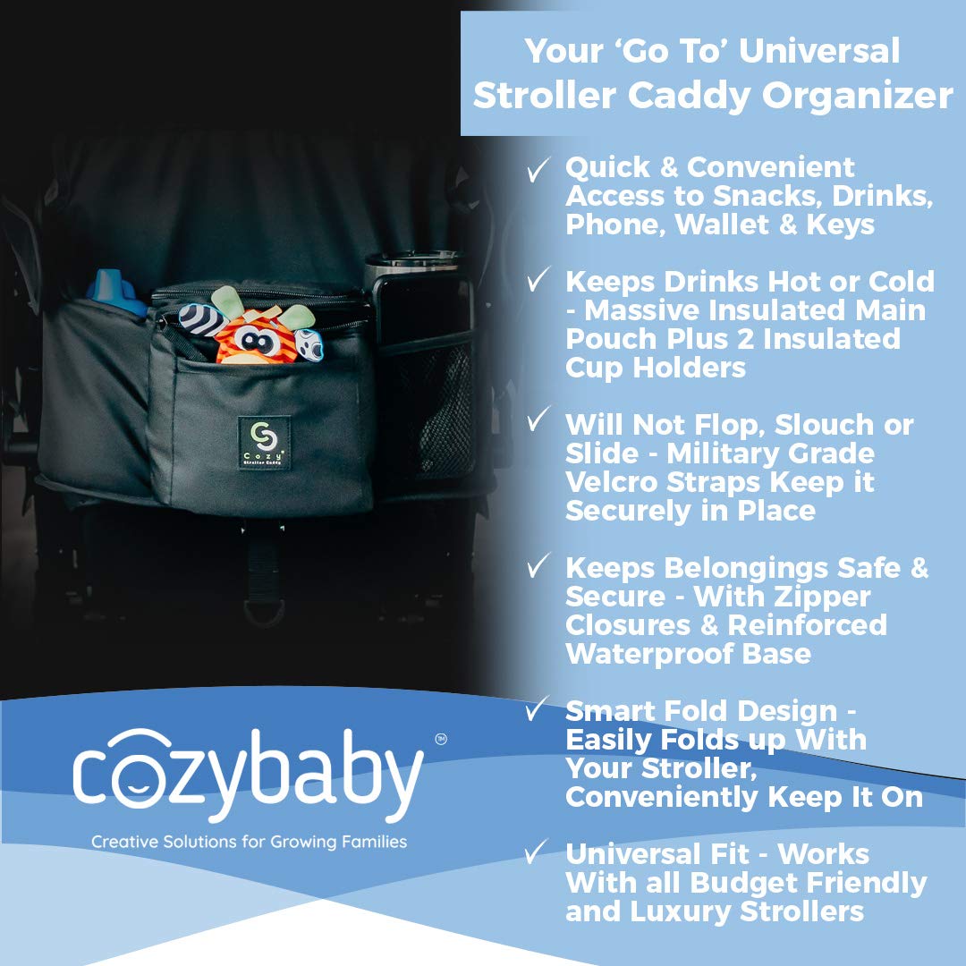 Cozy Stroller Caddy Organizer (Black, Insulated) - Everything Mom Needs on Stroller - 2 Deep Cup Holders, 3 Separate Spaces, Front Cellphone Holder, Wallets, Diapers, Milk