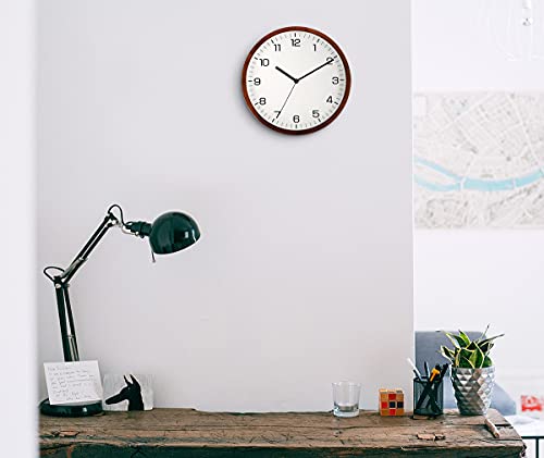 AROMUSTIME 12 Inches Round Wooden Wall Clock Battery Operated Silent Non-Ticking,Metal Pointer&Glass Cover, for Office Kitchen Bedroom Classroom&Living Room, Brown