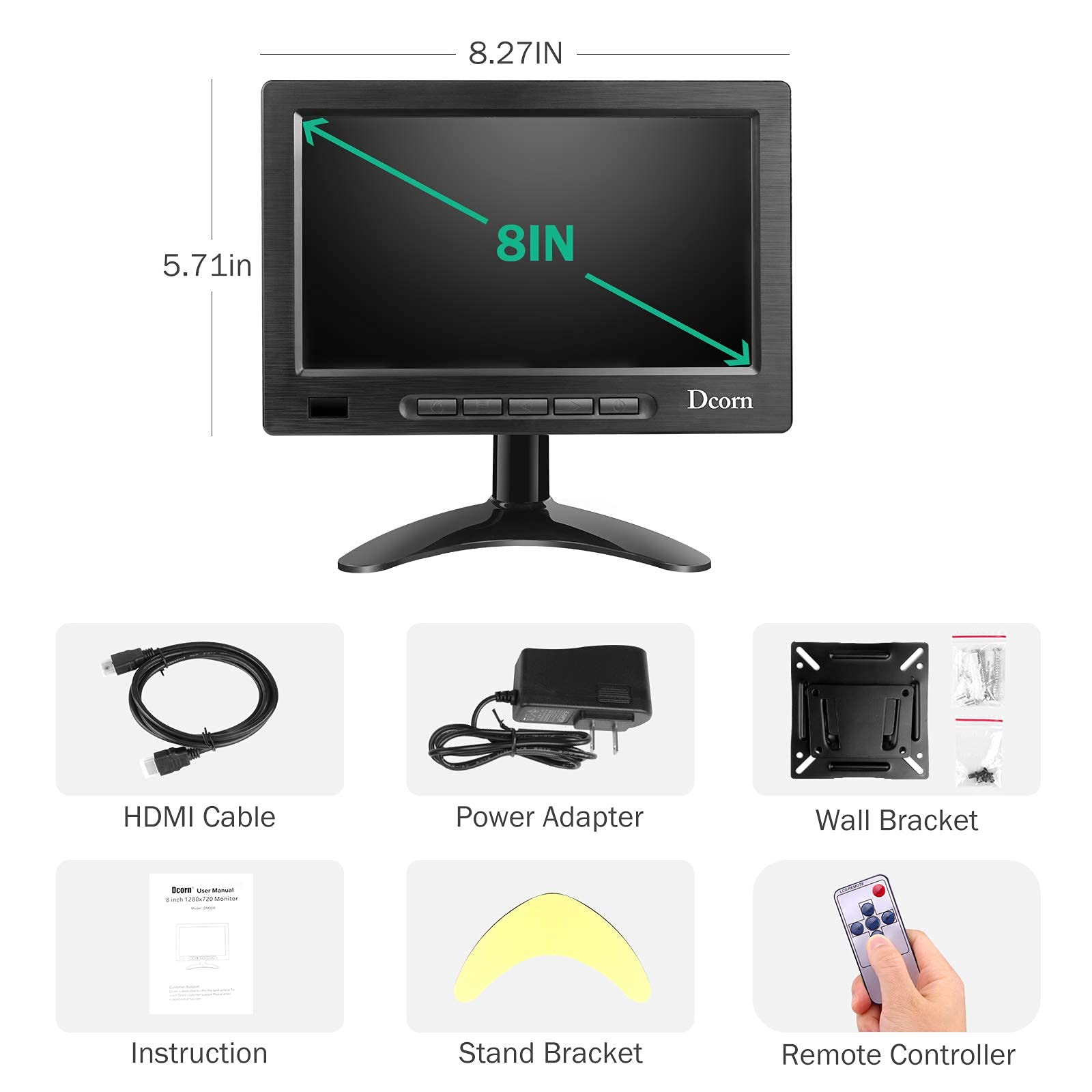 Dcorn 8 Inch Mini Monitor,Small HDMI Monitor 1280x720 16:9 IPS Metal Housing Computer Monitor Support HDMI/VGA/AV/BNC Input with Wall Bracket&Remote Control,178 Full Viewing w/Speaker