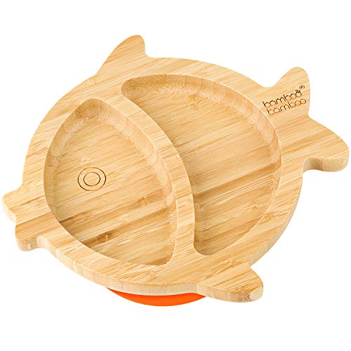 Bamboo Baby Plate with Suction - Kids and Toddler Suction Cup Plate for Babies, Non-toxic All-Natural Bamboo Baby Food Plate Stays Cool to the Touch for Baby-Led Weaning (Fish-Orange)