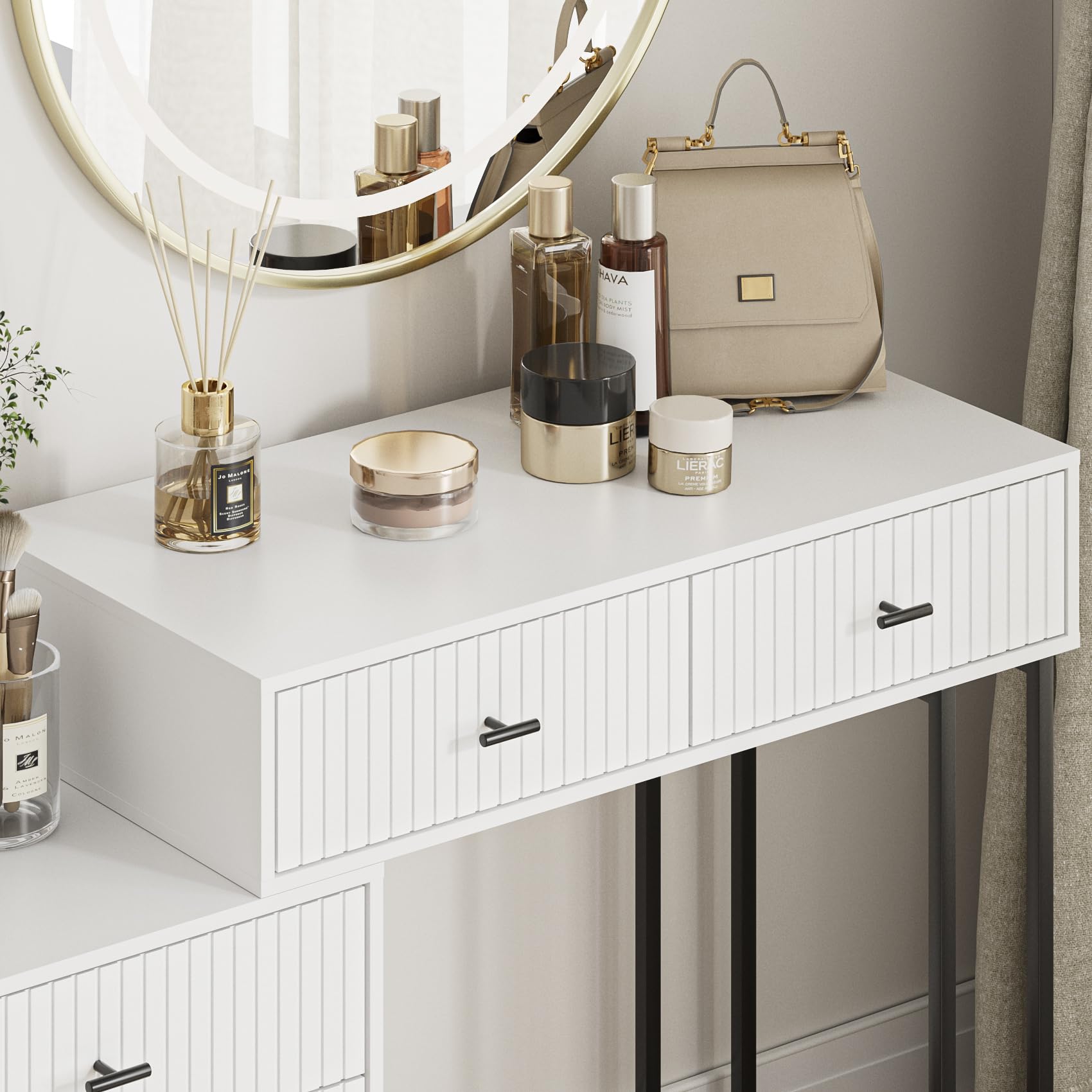 Acodaiuy Vanity Desk, Makeup Vanity Desk Black Without Mirrors or Lights Vanity Table Modern Makeup Table with Adjustable Cabinet and 5 Large Drawers, Dressing Table for Bedroom,Makeup Room, White
