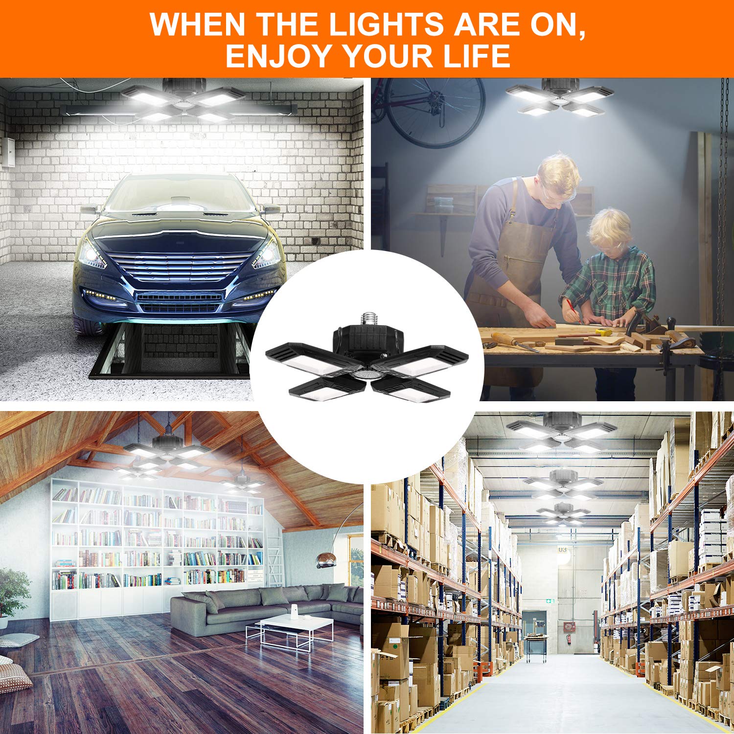 2-Pack Garage Light 160W LED Garage Light - LED Shop Light with 5 Multi-Position Panels,Deformable Garage Ceiling Light 16000LM Adjustable Easy-Installation,LED Garage Lighting for Warehouse Basement