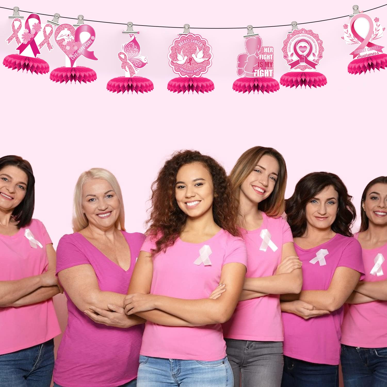 9 PCS Breast Cancer Awareness Centerpieces Pink Ribbon Faith Strength Courage Table Decorations Pink Ribbon Cake Table Decoration
