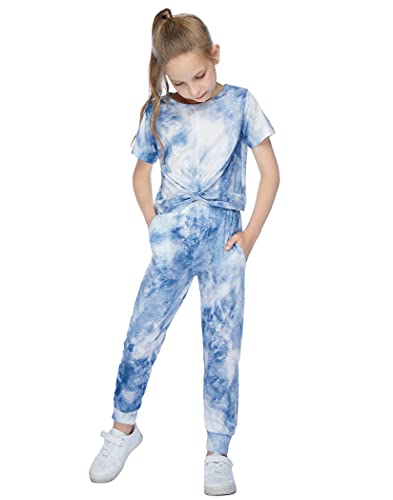 Arshiner Tie Dye Jogger Sets for Girls Casual Twist Front Tops & Pants Set Dusty Blue 8-9 Years Old