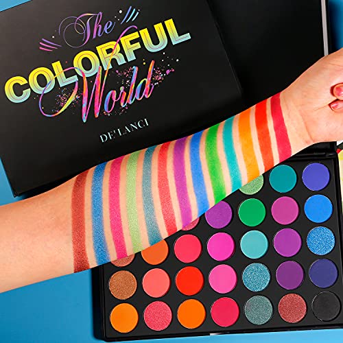DE'LANCI Rainbow Eyeshadow Palette, Professional 35 Bright Colors Matte Shimmer Eyeshadow Makeup Pallete - Long lasting and Highly Pigment Silky Powder Eye Shadow Make up Kit,Cruelty- Free #35E