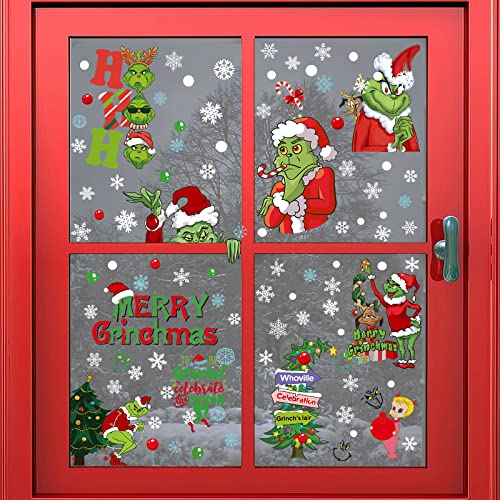 9 Sheets Christmas Decorations Window Clings - 102pcs Christmas Window Stickers Double-Sided with Christmas Tree Reindeer Snowflakes Decals for Christmas Holiday New Year Home School Party Supplies