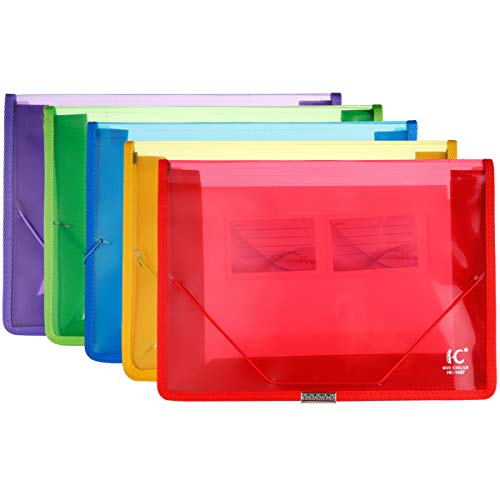 Eco-Friendly Plastic File Folders, Expandable Poly Envelope File Wallet File Document Folder with Elastic Cord Closure and Card Slot,Durable&Waterproof for Office Home School -5 Colors