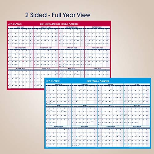 2021-2022 Erasable Calendar, Dry Erase Wall Planner by AT-A-GLANCE, 48" x 32", XLarge, Academic & Regular Year, Double Sided, Horizontal (PM326S28)