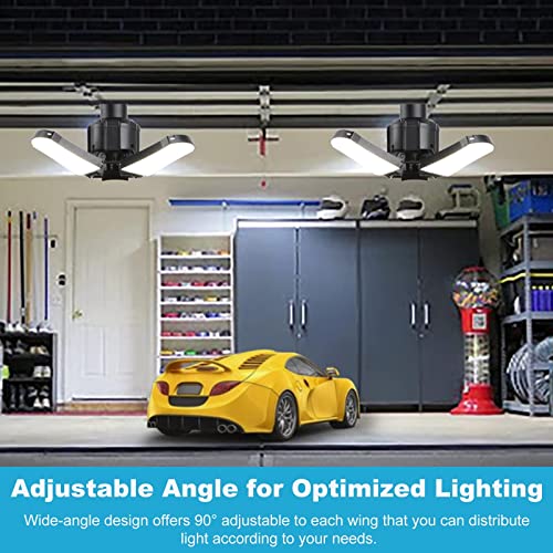 2-Pack LED Garage Lights, 80W LED Shop Light 5000K 8000LM Three-Leaf Garage Ceiling Light Fixtures,Adjustable Multi-Position Panels，E26 Base,LED Glow Light for Garage, Workshop Attic and Basement