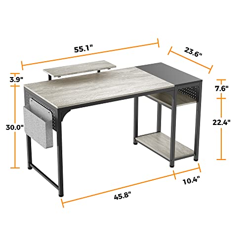 55 Inch Oak Grey Home Office Computer Desk with Monitor Stand Storage Shelves, Work Study Writing PC Gaming Table Large Workstation with Sturdy Black Metal Frame Dual Pegboard Organizers & Accessories