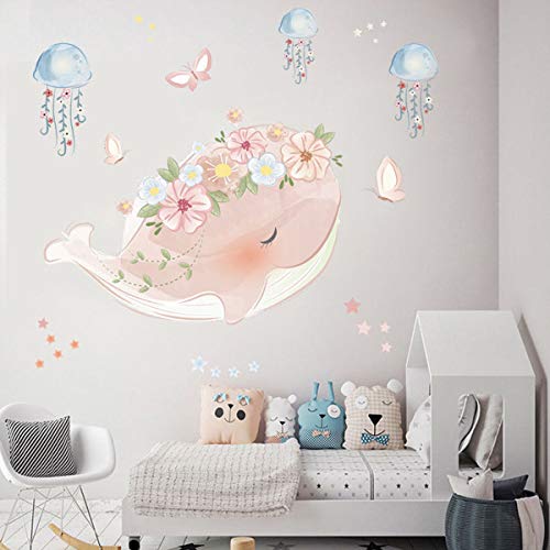Bamsod Pink Whale Wall Sticker Underwater Animals Ocean DIY Wall Decal Marine Life Wall Stickers for Nursery Kids Playroom Home Decor
