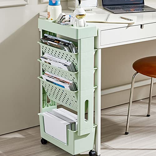 5 Tier Book Rack Storage Bookshelf, Movable Bookshelf Multilayer Capacity Rotatable Removable Plastic Practical Rolling Organization Shelf with Wheel, Bookshelves for Kids Students Study (Green)