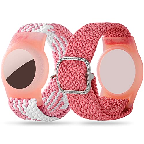 AirTag Bracelet for Kids(2 Pack), Nylon Airtag Wristband for Kids Compatible with Apple Airtag, Adjustable Anti-lost Lightweight GPS Tracker Holder Bracelet for Children-pink-white/pink…