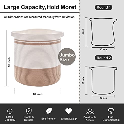 OIAHOMY Laundry Basket- Rope Basket Large Storage Basket with Handles,Modern Decorative Woven Basket for Living Room,Storage Baskets for Toys, Throws, Pillows,and Towels -18"×16"-White&Yellow