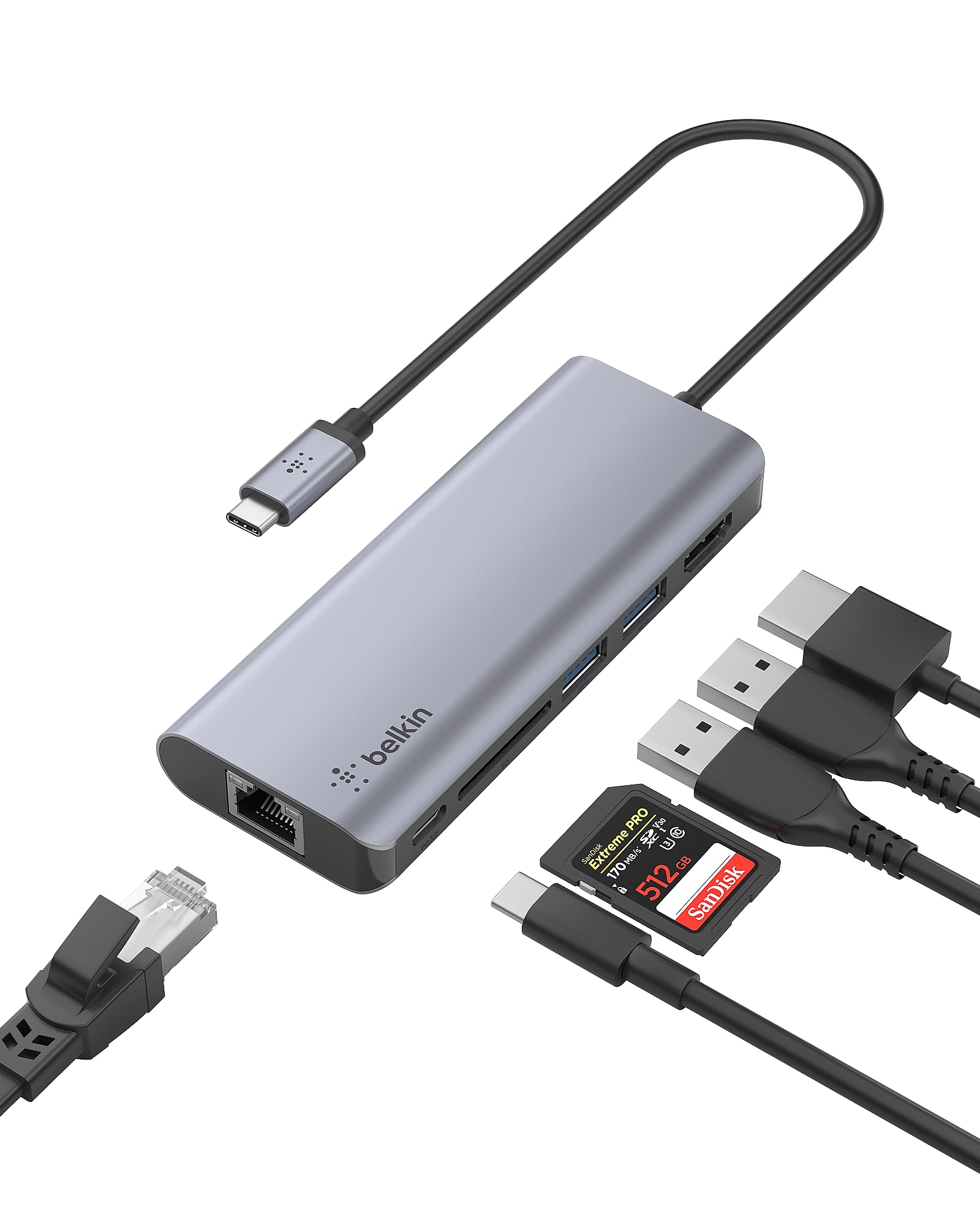 Belkin USB C Hub, 6-in-1 MultiPort Adapter Dock with 4K HDMI, USB-C 100W PD Pass-Through Charging, 2 x USB A, Gigabit Ethernet Ports and SD Slot for MacBook Pro, Air, iPad Pro, XPS and More