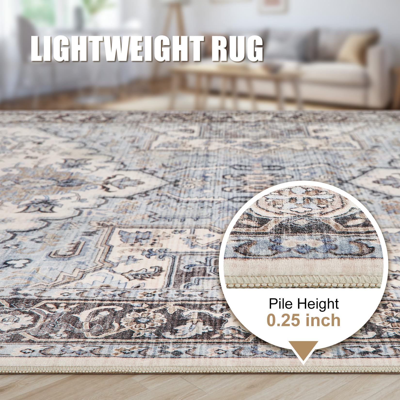 Area Rug Living Room Rugs - 8x10 Soft Machine Washable Oriental Persian Floral Distressed Rug Large Indoor Floor Carpet for Bedroom Under Dining Table Home Office Decor - Cream Blue