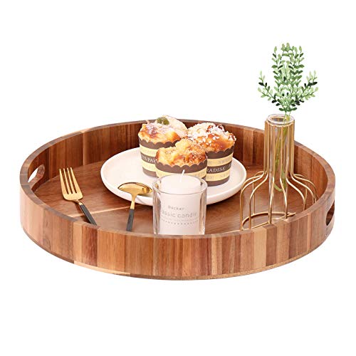 WONFUlity Round Wooden Trays for Coffee Table,Leak-Proof Ottoman Tray Acacia Wood Tray, Serving Tray with Handles Food Serving Trays Ottoman Tray for Living Room 16.34 Inch