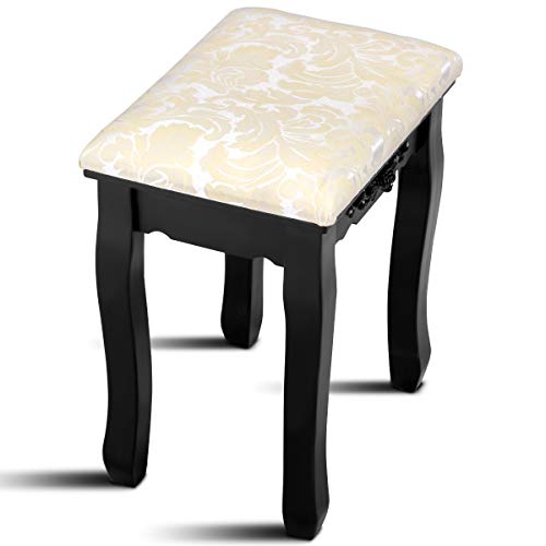 GOFLAME Vanity Stool, Retro Makeup Dressing Bench with Solid Wood Legs, Piano Seat with Carved Flowers, Thick Padded Cushioned Chair with 250lb Capacity, Large Vanity Benches for Bedroom (Black)