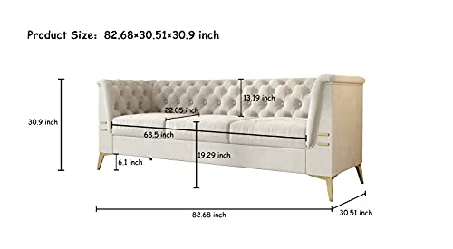 ANTTYBALE 82" Mid Century Modern Sofa for Living Room Velvet Couch Chesterfield Sofa with Gold Legs for Bedroom Office (Beige)