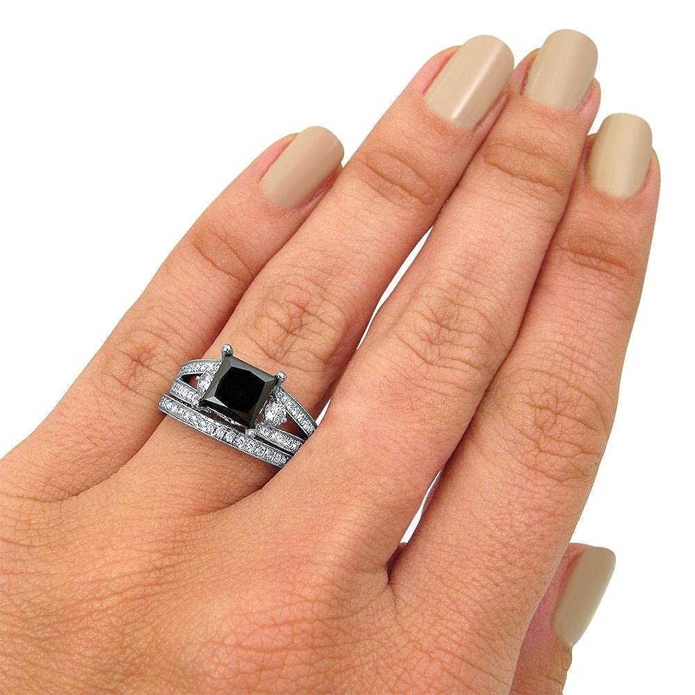 3 Ct Princess Cut Black & White Diamond Vintage Engagement Ring Bridal Wedding Set 14k White Gold Plated 925 Sterling SIlver6.5