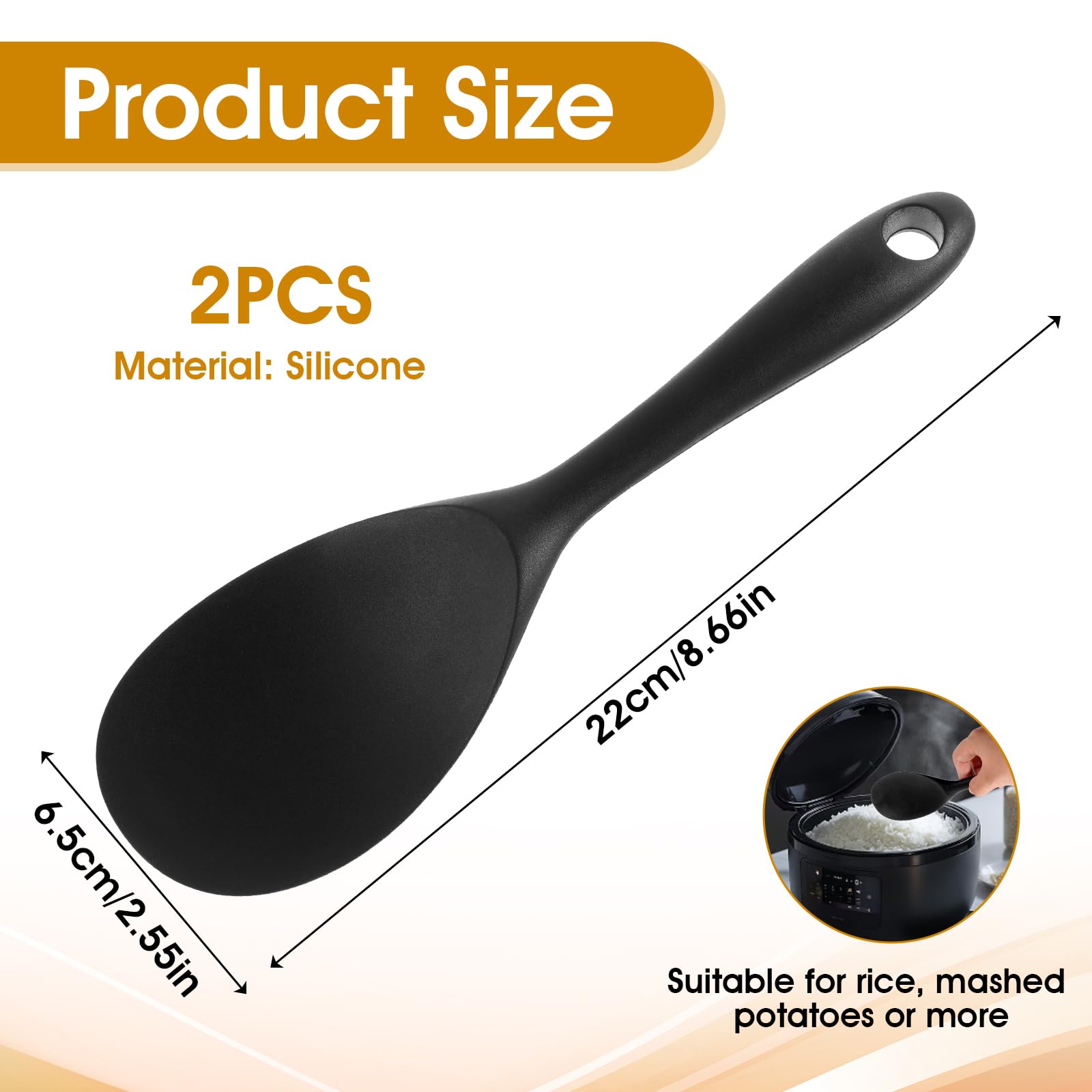 2Pcs Silicone Rice Scooper, 8.7 Inch Non-Stick Rice Paddle for Rice Mashed Potatoes, Heat Resistant Rice Paddle Spoon for Kitchen Cooking Serving Baking Stirring(Black)